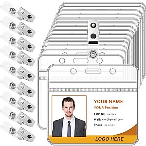 kioooki 50 Pcs Badge Holders with Clip Extra Thick Clear Name Badge Holders Card Holder Plastic Horizontal Name Tag Holder with Waterproof Resealable Zip