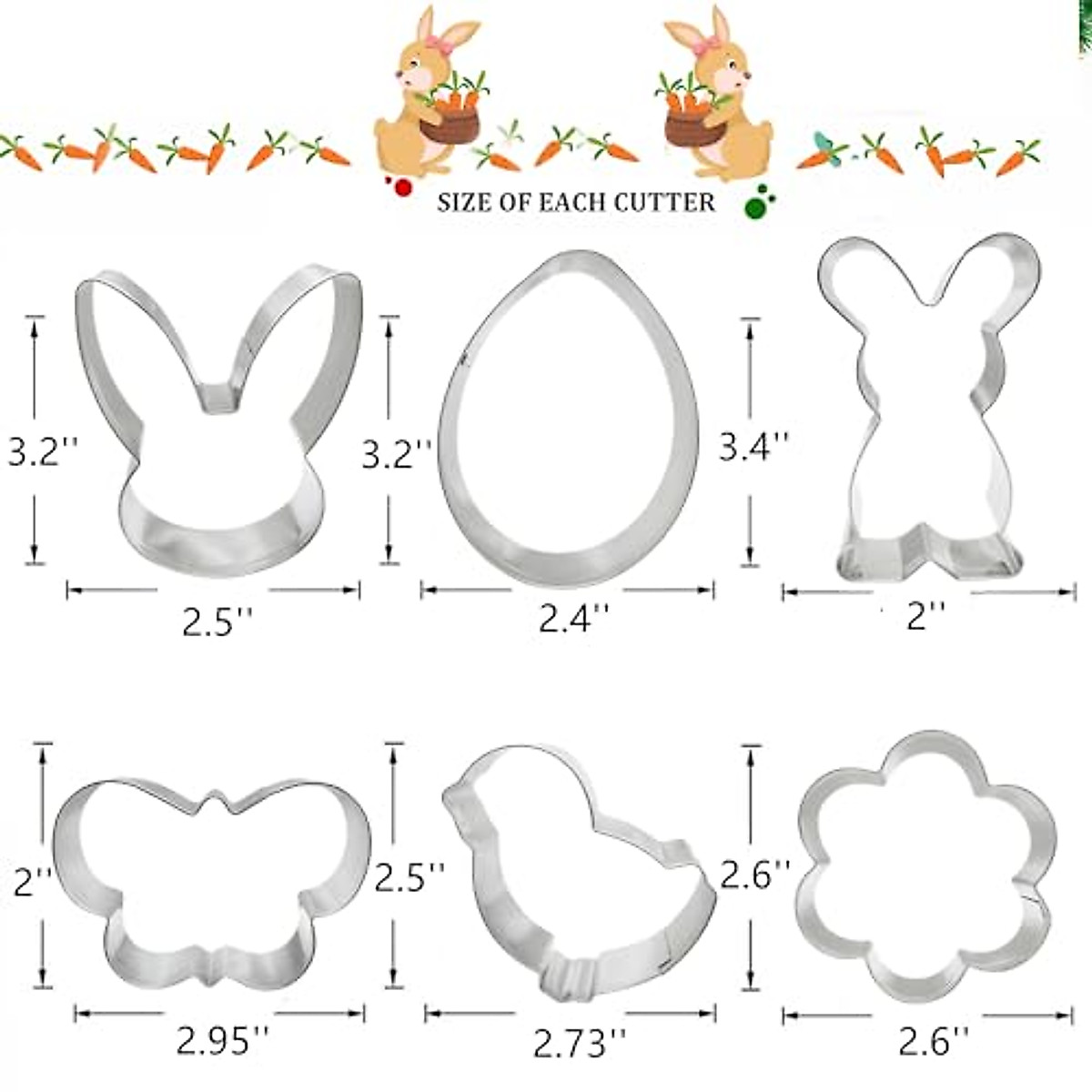 Easter Cookie Cutters, 6 PCS Chick Carrot Egg Flower Bunny Rabbite Butterfly Cookie Cutter Stainless Steel Biscuit Cutters Holiday Themed Cutter