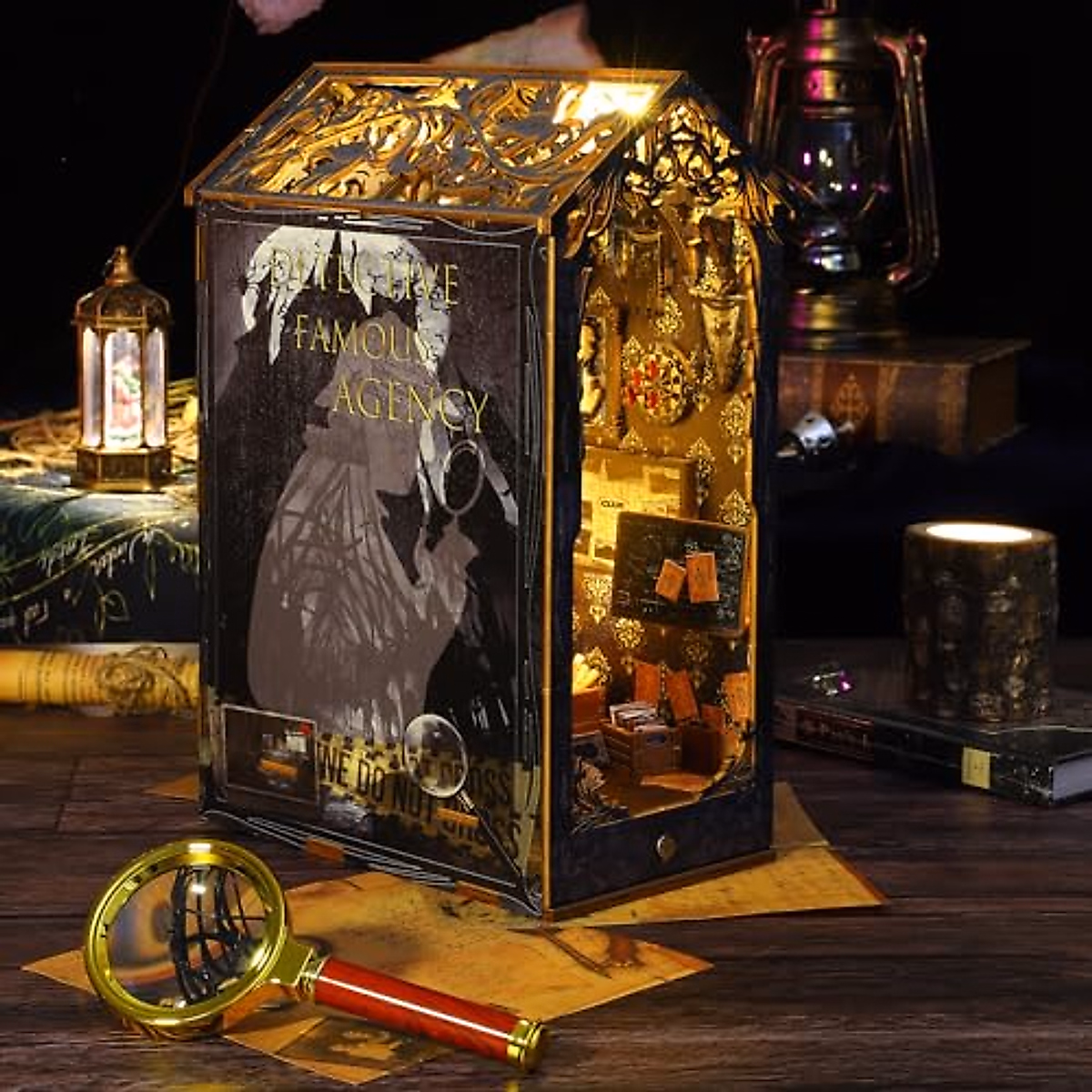 DIY Book Nook Kit, FOTEEMO DIY Miniature Dollhouse Detective Book Nook Building with LED Light Creative Bookend Model Kit DIY 3D Insert Wooden Puzzles Bookshelf for Teens Adults