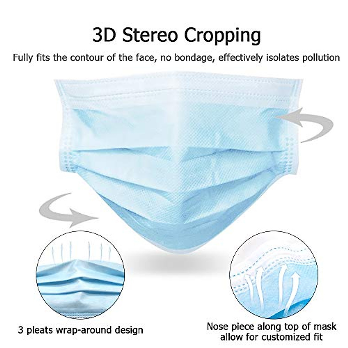 Disposable Face Masks, 3Ply with Adjustable Elastic Earloop, Comfortable Fitting & Easy Breathing, 50 Pcs