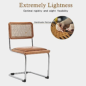 Alunaune Mid Century Modern Dining Chairs Set of 2, Upholstered Natural Rattan Kitchen Accent Chairs, Armless Side Chair with Metal Chrome Legs for Bedroom Living Room-Brown with PU Seat