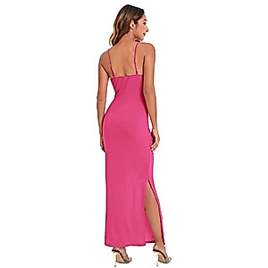 Verdusa Women's Cowl Neck Split Side Spaghetti Strap Long Cami Dress Hot Pink S