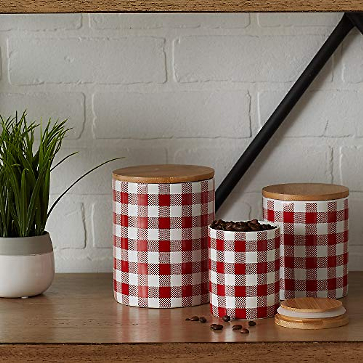 DII Ceramic Canister Sets for the Kitchen Food Safe Storage Containers with Lids, Large, Medium & Small, Buffalo Check, Red & White, 3 Count