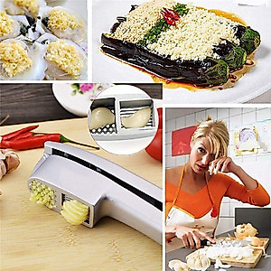 Garlic Press, 2 in 1 Garlic Mince and Garlic Slice with Garlic Cleaner Brush and Silicone Tube Peeler Set, Easy Squeeze, Rust Proof, Dishwasher Safe