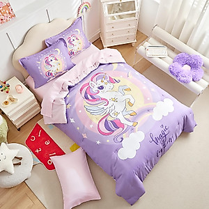 Girls Bed in a Bag Full Size Purple Unicorn Comforter Set with Rainbow Star - Soft Microfiber 7 Pcs Bedding Set (1 Comforter 2 Pillow Shams 1 Flat Sheet 1 Fitted Sheet 2 Pillowcases)