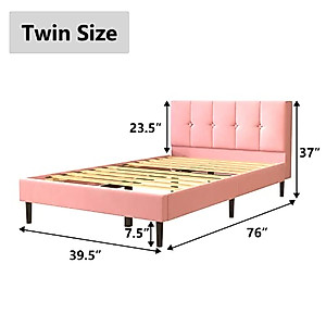Lijimei Fabric Upholstered Twin Platform Bed Frame,Modern Upholstered Platform Bed with Headboard, Heavy Duty Bed Frame with Wood Slat Support, No Box Spring Required, Easy Assembly,Pink