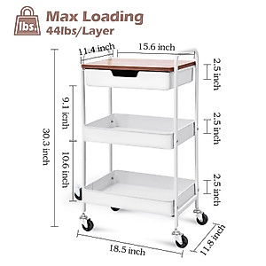 TOOLF 3-Tier Utility Rolling Cart with Wooden Board and Drawer, Metal Storage Cart with Handle, White Trolley Kitchen Organizer Rolling Desk with Locking Wheels for Office, Classroom, Home, Bedroom
