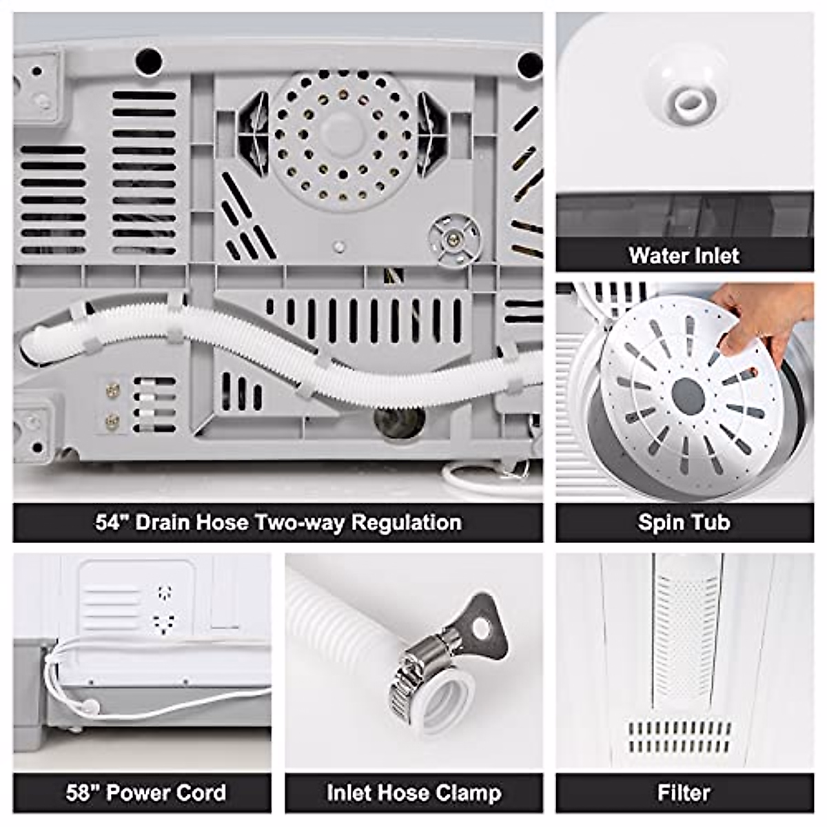 COSTWAY Portable Washing Machine, Twin Tub 22Lbs Capacity, Compact Washer(13.2Lbs) and Spinner(8.8Lbs) with Control Knobs, Built-in Drain Pump, Semi-Automatic Laundry washer for Apartment, RV (Grey)