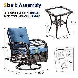 UDPATIO 3 Pieces Patio Furniture Set, Outdoor Swivel Gliders Rocker, Wicker Patio Bistro Set with Rattan Rocking Chair, Glass Top Side Table and Thickened Cushions for Porch Deck Backyard (Blue)