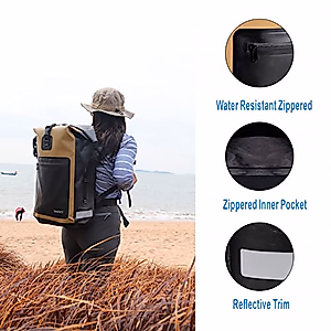 BRONZY Waterproof Backpack Dry Bag 30L Roll Top Closure With Front Zippered Pocket Heavy Duty Breathable Foam Padded Backing Heat Seal Finishing For Kayaking Camping Boating Hiking Beach (Khaki)