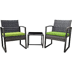 Pyramid Home Decor Black Wicker Furniture - 3 Piece Bistro Set for Outdoor Conversation - 2 Cushioned Rattan Chairs with Glass Coffee Table for Patio, Lawn, Porch, Lounge, Deck, Balcony & Living Room