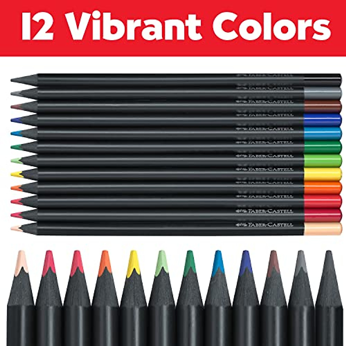 Faber-Castell Black Edition Colored Pencils - 12 Neon and Pastel Colors, Black Wood and Soft Core Lead, Premium Art Colored Pencils for Adult Coloring, Kids, Hobby Artists and Beginners