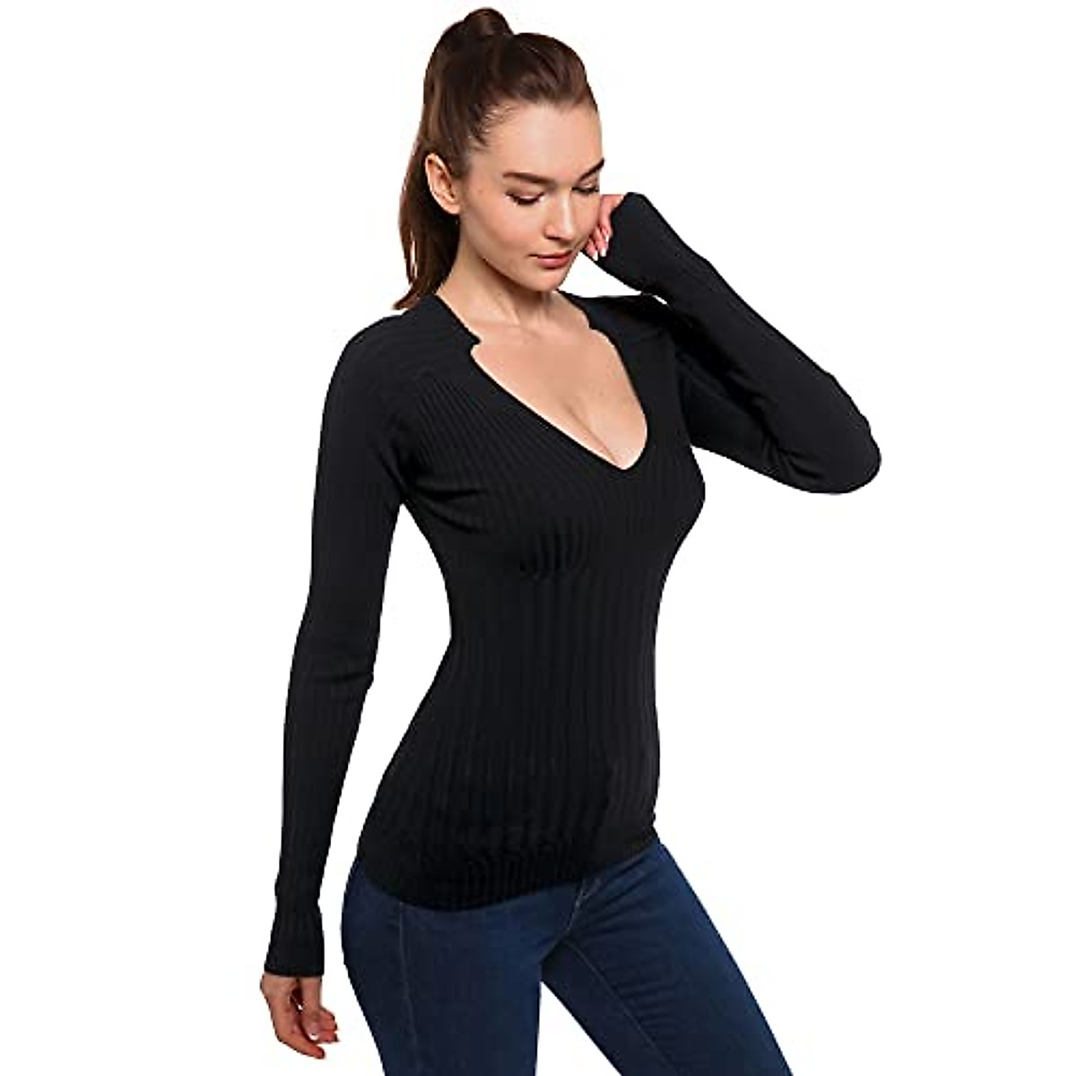 AmélieBoutik Women V Neck Raglan Long Sleeve Ribbed Pullover Sweater (Black X-Small)