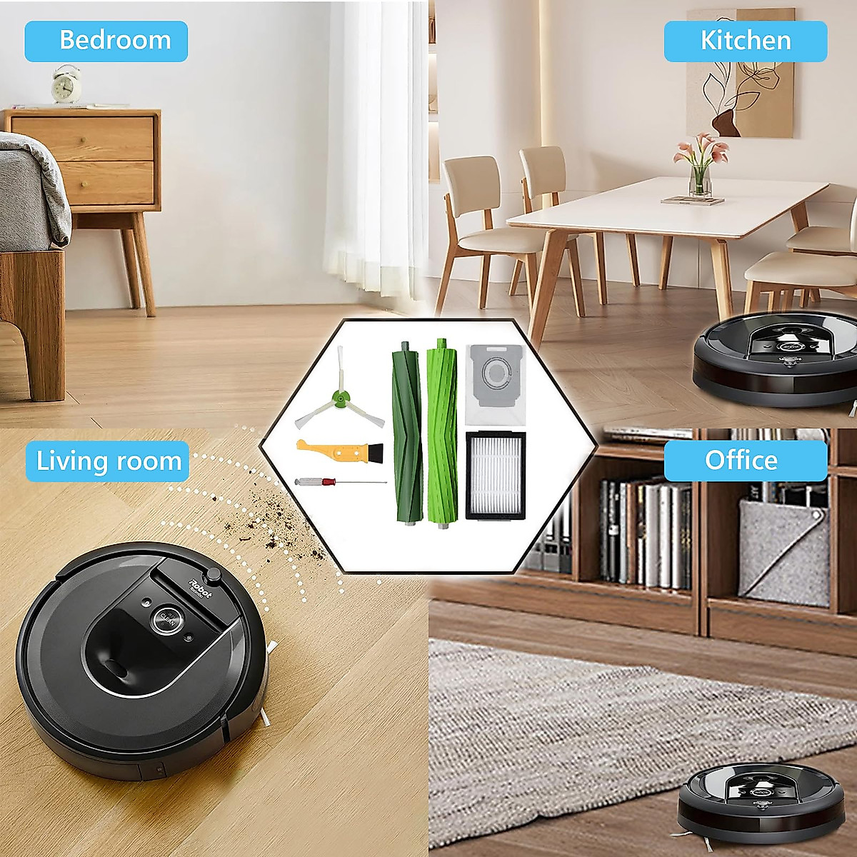 29 Pack Replacement Parts for iRobot Roomba i7 i7+ i3 i3+ i4 i4+ i6 i6+ i8 i8+ j7 j7+/Plus E5 E6 E7 Vacuum Cleaner, 3 Set Rubber Brushes and 8 Vacuum Filters and 8 Side Brushes and 10 Vacuum Bags