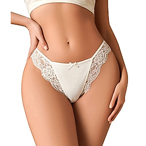 Banamic Women Underwear Floral Lace Thongs Mid Waist Panties Briefs White