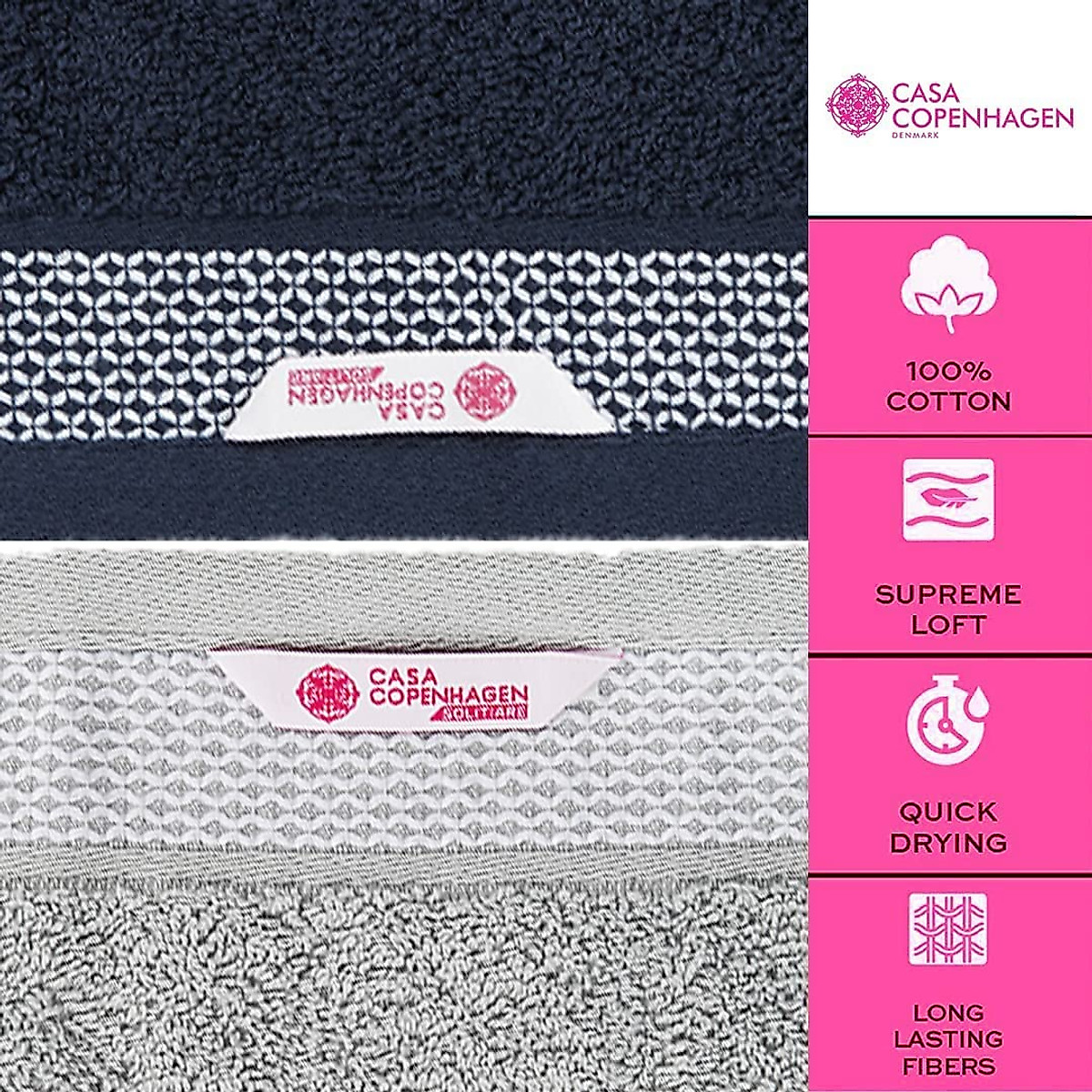 CASA COPENHAGEN Solitaire Mix 6 Pieces Towel Set- Navy Blue + Grey Violet, 600 GSM 2Bath Towel 2Hand Towel 2Washcloth, Designed in Denmark Made of Soft Egyptian Cotton for Bathroom, Kitchen & Shower