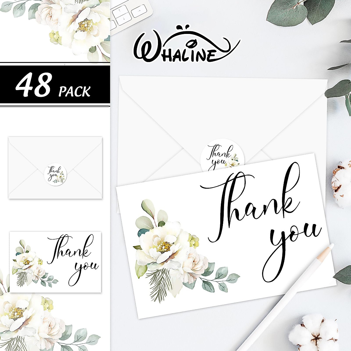 Whaline 48Pcs Funeral Thank You Cards Sympathy Thank You Card with Stickers Envelopes White Flower Bereavement Card with Message for Memorial Service Loved Ones Celebration of Life
