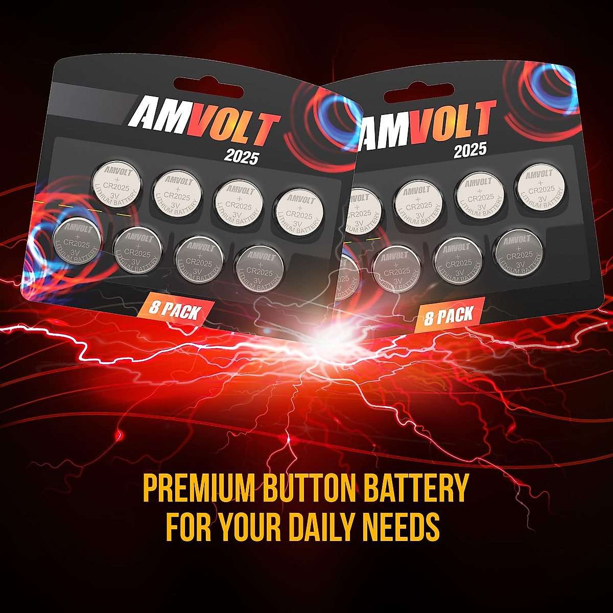AmVolt- Pack of 8 CR2025 Batteries, 220mAh 3 Volt Lithium Battery, Long Lasting Coin Cell 2030 Batteries for Small Electronic Devices
