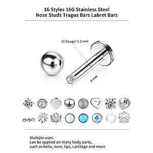 Chuangdi 16 Pieces 16 G Labret Nose Studs Piercing Lips Stainless Steel Tragus Nose Assorted Design Piercing Jewelry for Women (Silver)