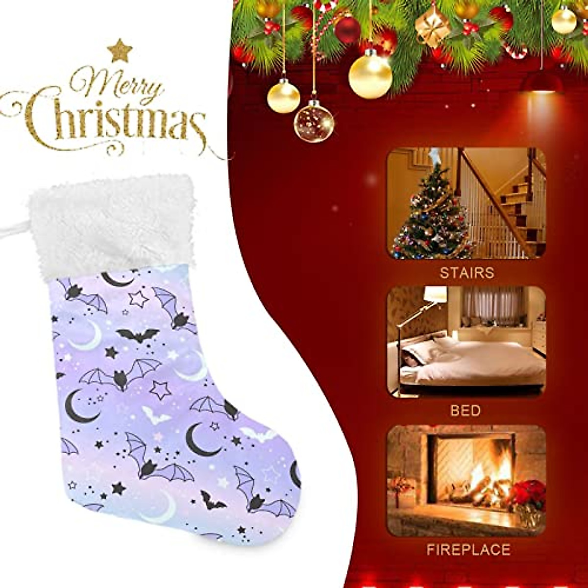 Kigai Christmas Stockings Cute Bats Starry Sky Large Candy Stockings Stuffers Kids Cute Xmas Sock Decorations 1PC for Home Holiday Party 12" x18"