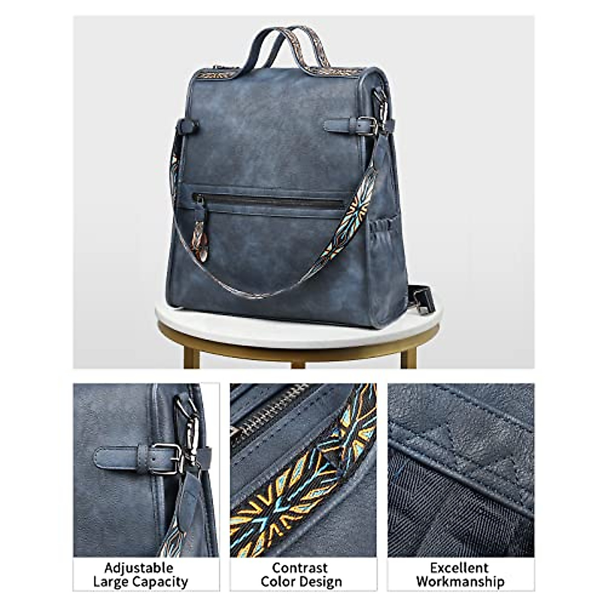 FADEON Womens Leather Backpack Purse Designer Travel Ladies Shoulder Bag Back Opening Backpack Purses for Women Blue