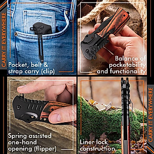 Grand Way Bundle of 2 Items - Pocket Knife - Best EDC Camping Hiking Hunting Knofe Gear Accessories for Men Wood Handle Sharp Blade Knifes - Gift for Men