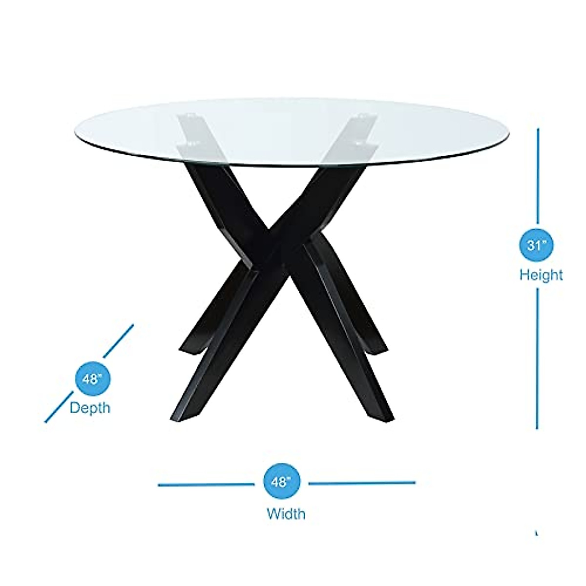 Steve Silver Co Amalie Round Dining Table, Contemporary Pedestal Base, 48" Round Tempered Glass, incd. One Glass Top Dining Table w/Black Base, Dining Room, Kitchen, 48" D x 48" W x 31" H, Black
