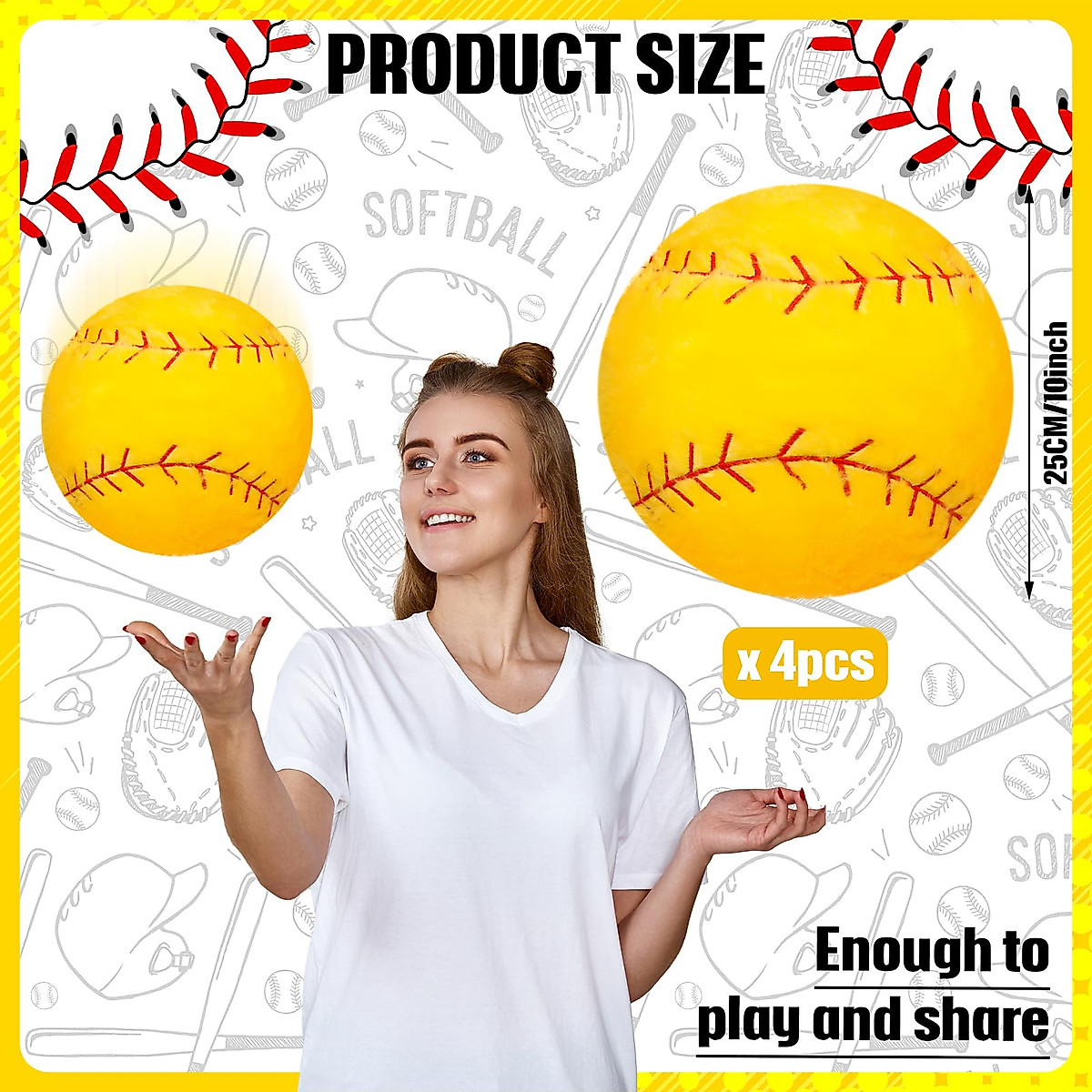 Gerrii 4 Pcs Basketball Softball Football Soccer Volleyball Tennis Pillow 3D Sports Pillow Fluffy Plush Stuffed Throw Pillow Sport Theme Cushion Plush Stuffed Pillow Gift Decor (Softball,10 Inch)