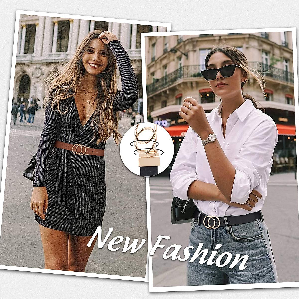 JASGOOD Women Leather Belt, Reversible Belt, Leather Waist Belt for Jeans Dress with Gold Double O Ring Rotate Buckle, A-Black/Brown, Fit Size 31"-35"