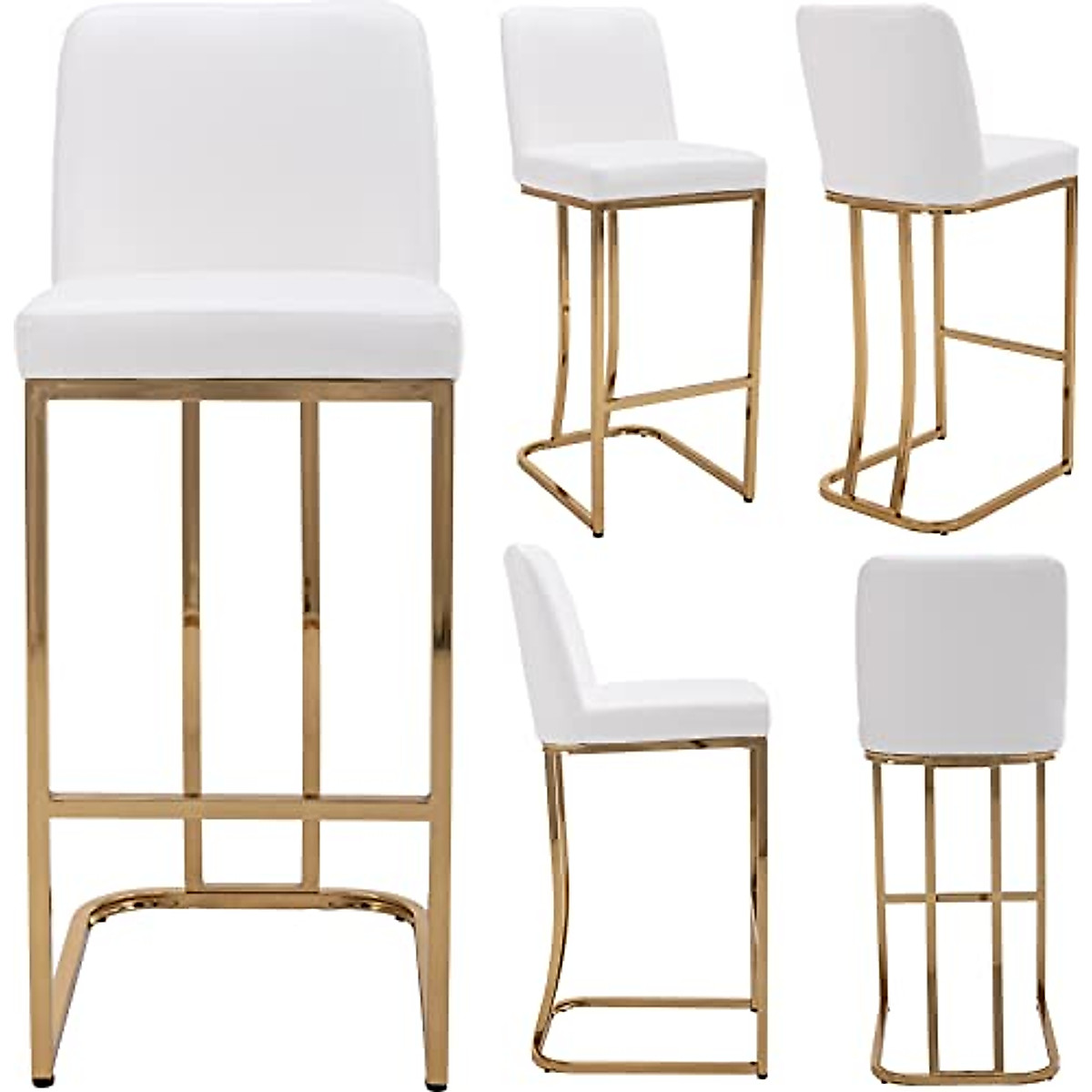 Wahson Set of 2 Classic Modern Faux Leather Upholstered 29" H Bar Height Stools, for Kitchen Island/Dining Room, with Golden Metal Frame, White