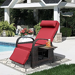 Outdoor Wicker Recliner Chair with Side Table, Adjustable Reclining Lounge Chair and Removable Soft Cushion, All-Weather Resin Wicker Reclining Patio Chair (Red)