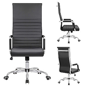 KaiMeng Ribbed Office Chair High Back PU Leather Desk Chair Adjustable Swivel Task Chair Computer Chair with Armrest for Conference Study Leisure (Black)