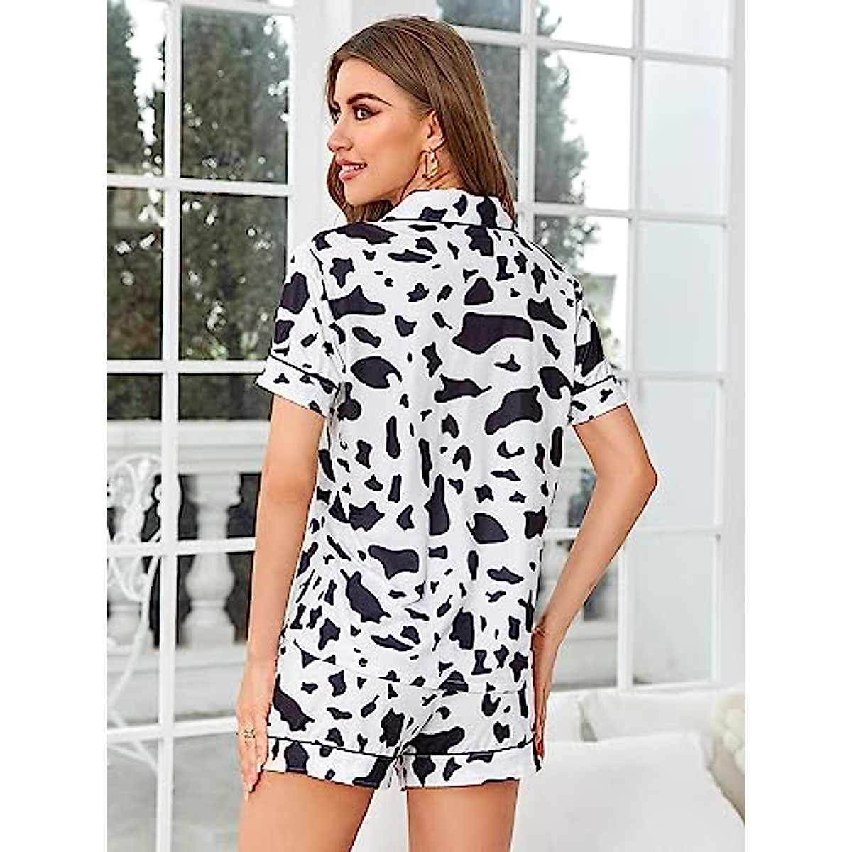WDIRARA Women's Satin Heart Print Short Sleeve Button Down Flamingo Pajamas Shorts Set Cow Print Black White S