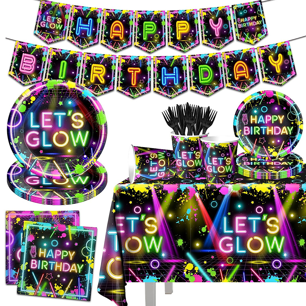 Neon Party Supplies,142Pcs Let Glow Party Decorations Including Disposable Paper Plates,Cups,Tablecloths, Glow in the Dark Theme Decoration for Birthday Baby Shower Party