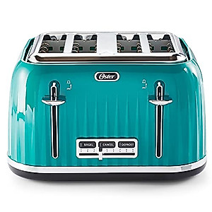 Oster 4-Slice Extra Wide Slot Pop Up Toaster with 9 Shade Settings, Removable Crumb Tray, and Quick Check Lever, Teal w/ Chrome Accents