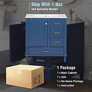 LostCat 30-inch Navy Bathroom Vanity with Sink - Solid Wood,Bathroom Vanity Cabinet with 2 Drawers + 1 Tip-Out Drawer,Soft Close Doors,Easy Assembly