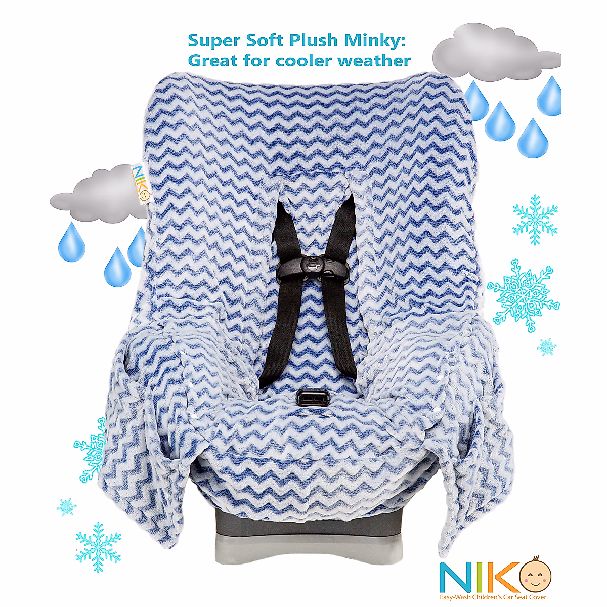 Niko Easy Wash Children's Car Seat Cover & Liner - Blue Chevron Minky - Great for Winter Weather - Universal FIT - Crash Tested - Waterproof SEAT Bottom - Mess Protection - Machine Washable