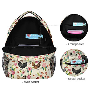 CHIFIGNO Chickens and Floral Lightweight Printed Bookbags School Backpacks for Teens and Girls