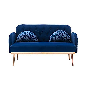 Yoglad Velvet Small Sofa, Upholstered Loveseat with Golden Metal Legs, Accent Couch with Cute Pillows, Small Couch with Solid Wood Frame, for Living Room, Bed Room, Dorm, 55" Inch (Navy)