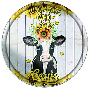 Dreacoss Round Metal Tin Sign Just A Girl Who Loves A Cow Flower Wreath Sign,Suitable for Home Garden Kitchen Bar Cafe Restaurant Garage Wall Decor Retro Vintage 12x12inch