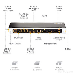 StarTech.com USB-C Dock - 4K Triple Monitor Laptop Docking Station with Dual DisplayPort & HDMI - 100W Power Delivery - USB-C, 4x USB-A Hub - USB 3.1 Gen 1 Type-C Dock - Windows & MacBook (DK30CH2DEP)