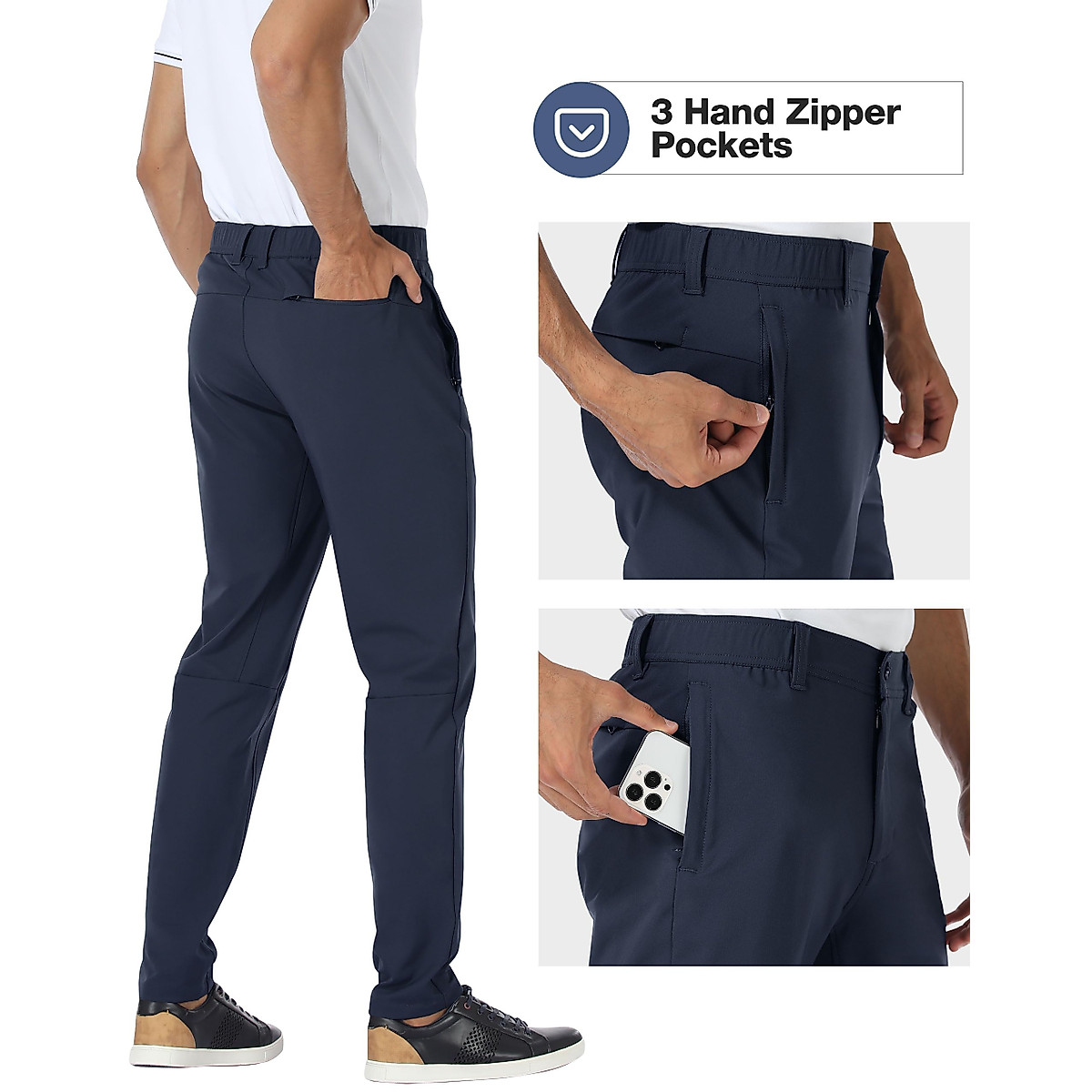 Mens Work Pants Golf Slim Fit Dress Business Casual Pants Waterproof High Waisted Tapered Pants with Pockets Navy,32Wx32L