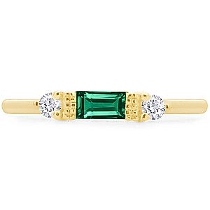 AFFY Baguette Cut Simulated Emerald And White Cubic Zirconia In 14K Yellow Gold Plated 925 Sterling Silver Three Stone Design Bridal Engagement Wedding Ring Jewelry For Women Size -6