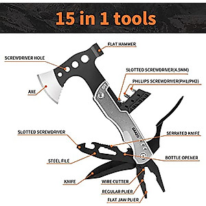 Christmas Gifts for Men Dad Husband, Multitool Camping Accessories 15 in 1 Hatchet with Axe Hammer Knife Pliers Screwdrivers Saw Bottle Opener, Cool Gadget for Outdoor Camping Hiking, Emergency