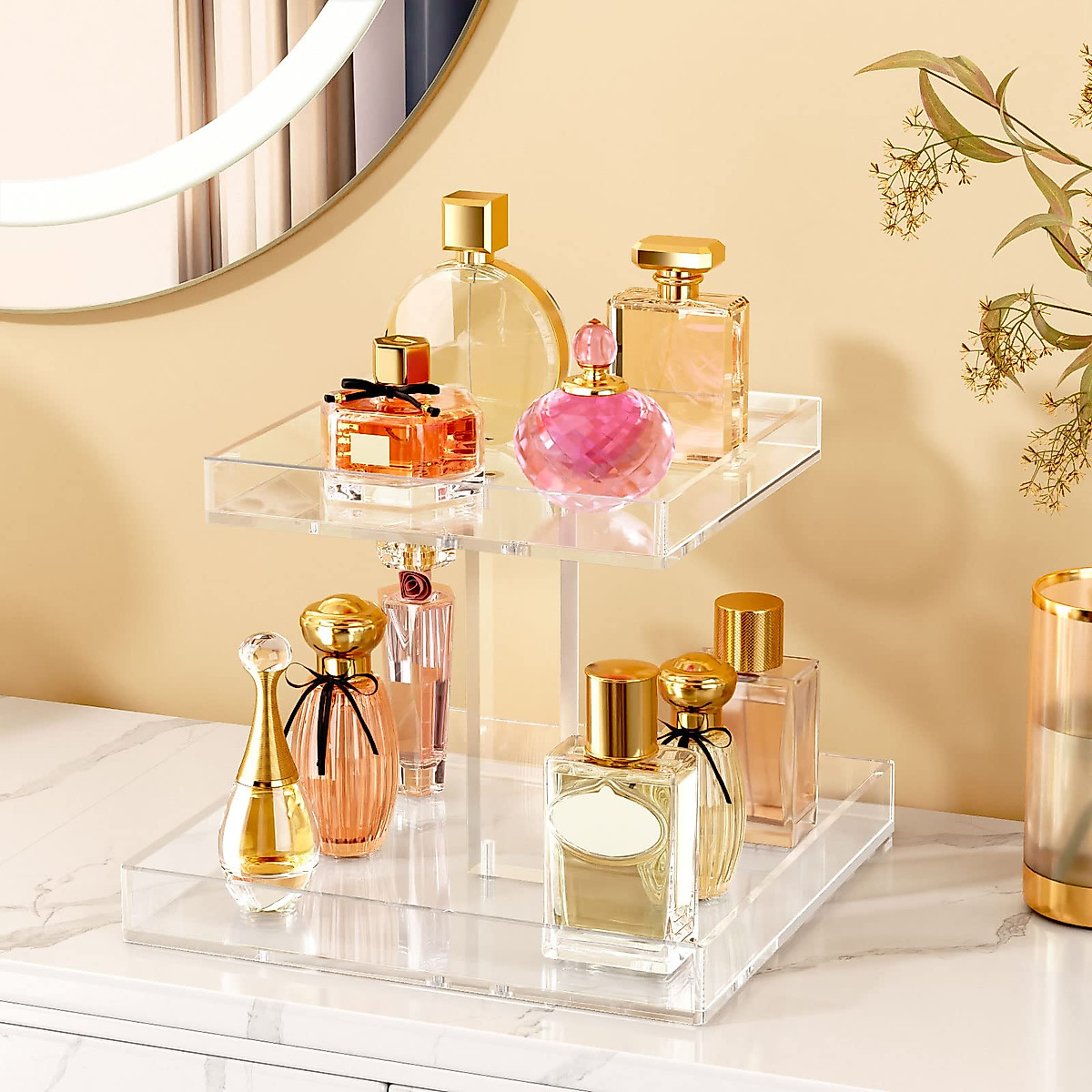 NIUBEE 2-Tier Acrylic Bathroom Cosmetic Storage Organizer for Dresser and Countertop - Standing Perfume Tray for Bedroom Decor