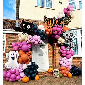 Hot Pink Halloween Balloon Garland Arch Kit,133Pcs Black Orange Pink Sand White Balloons Large Wings Ghost Skeleton Bat Foil Balloons for Kids,Family,Halloween Party Background Cosplay Theme Party