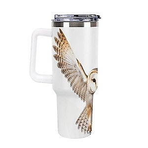 LLUTSNTH 40 Oz Vacuum Tumbler with White Handle Leakproof Insulated Tumbler A Barn Owl Stainless Steel Travel Mug with Lid And Straw Coffee Cup Cute Water Bottles Cup Holder Friendly