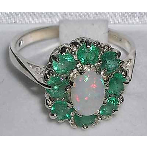 LetsBuyGold 10k White Gold Natural Opal and Emerald Womens Cluster Ring - Size 8.75