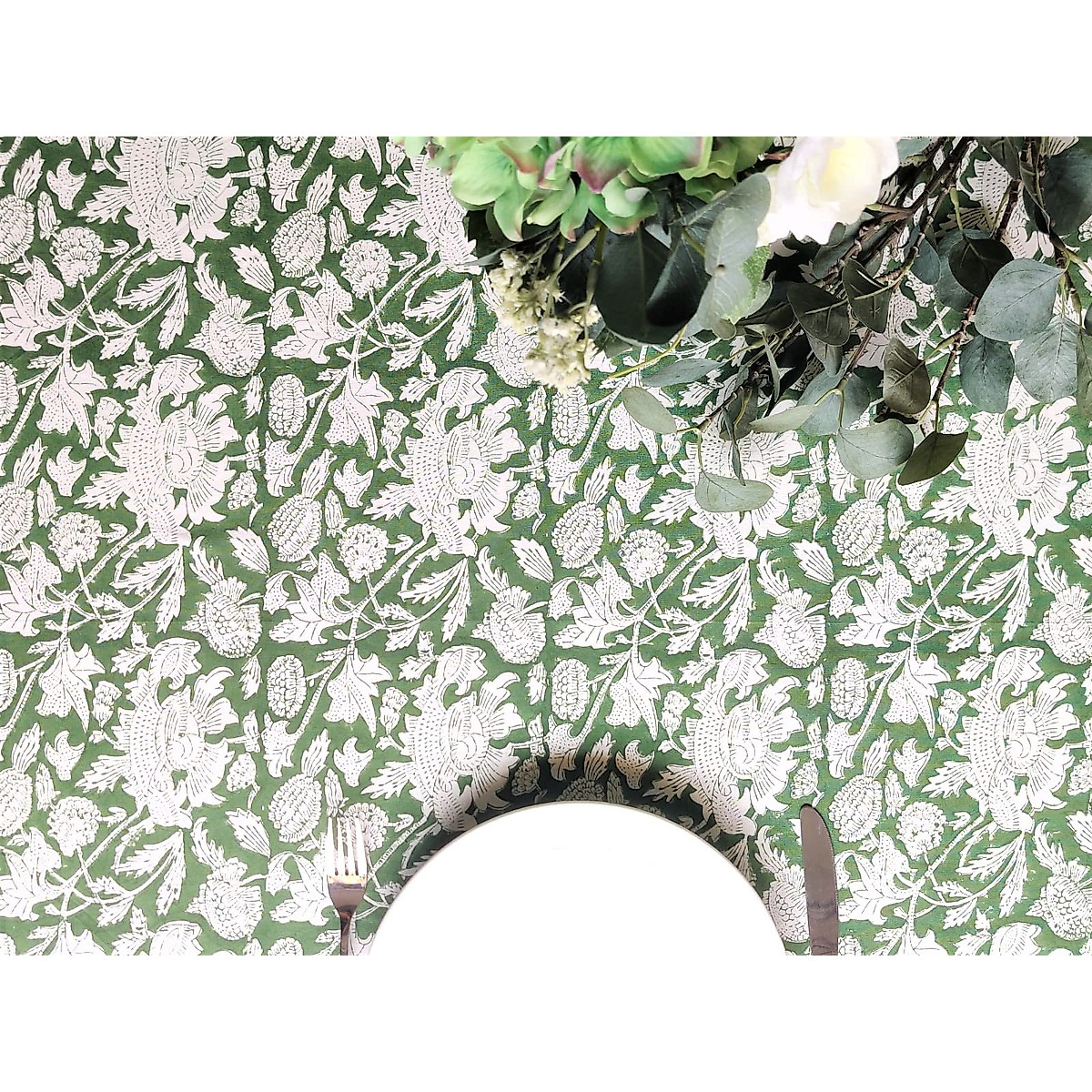 ATOSII Meraki Green 100% Cotton Spring Tablecloth, Handblock Print Rectangle Table Cover for Kitchen Dining Linen I Parties, Outdoors, Christmas, Wedding, Easter Decor 60 X 108 Inches I 8 Seater