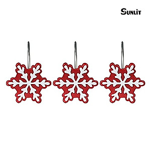 Sunlit Christmas Shower Curtain Hooks Snowflakes Shower Curtain Rings, Resin, Red and White Christmas Decor, Winter Bathroom Decoration - 12 Pack